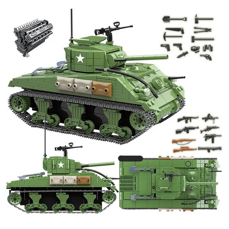 Military WW2 Tanks Series Building Blocks Sherman M4A1 Tank Playset ...